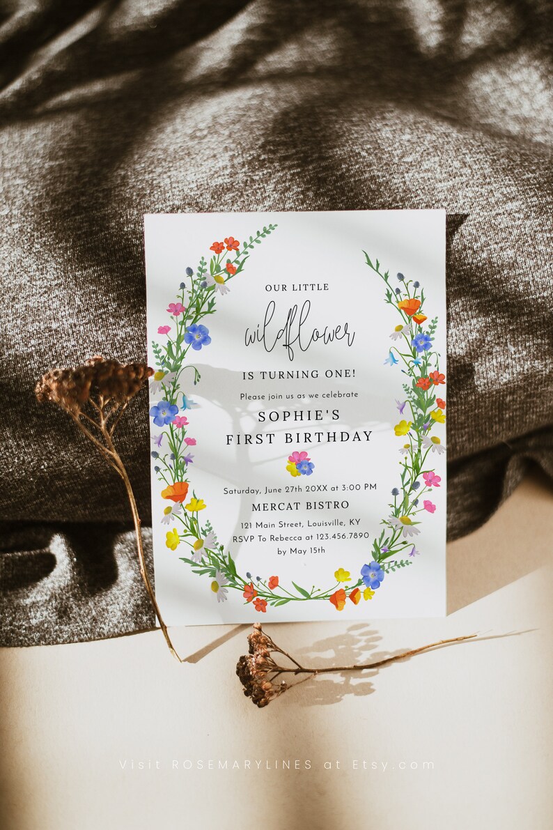Wildflower Birthday Invitation Template Spring Colorful | Etsy