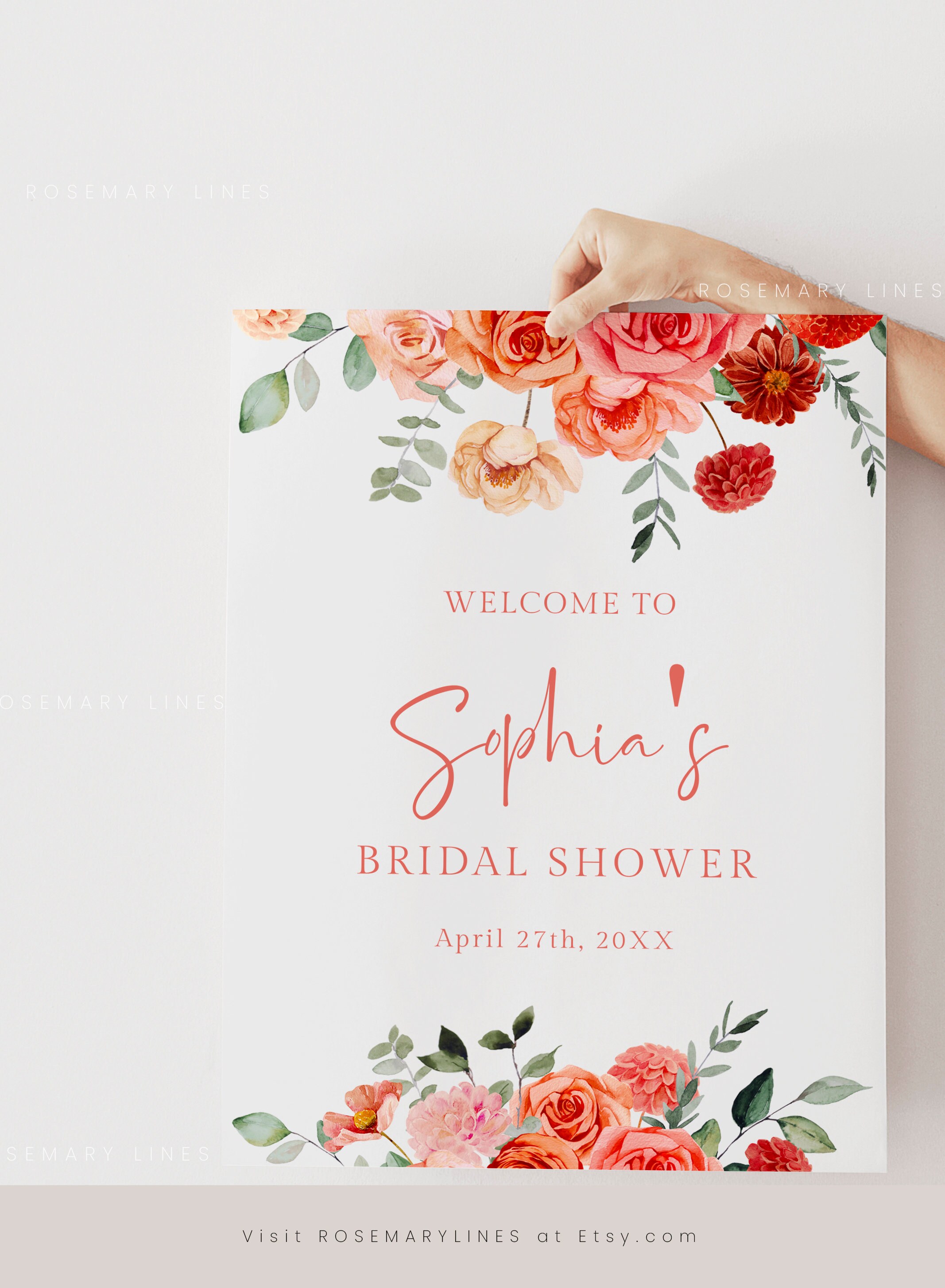 Coral Welcome Sign Template Vibrant Orange Peach Floral - Etsy