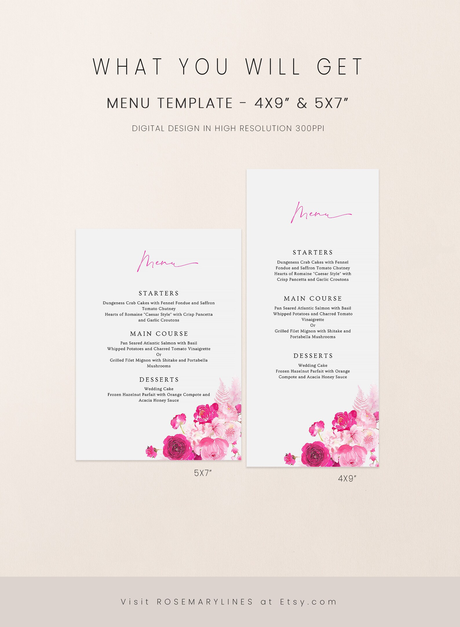 Modern Hot Pink Wedding Menu Template, Red and Pink Floral Wedding Menu ...