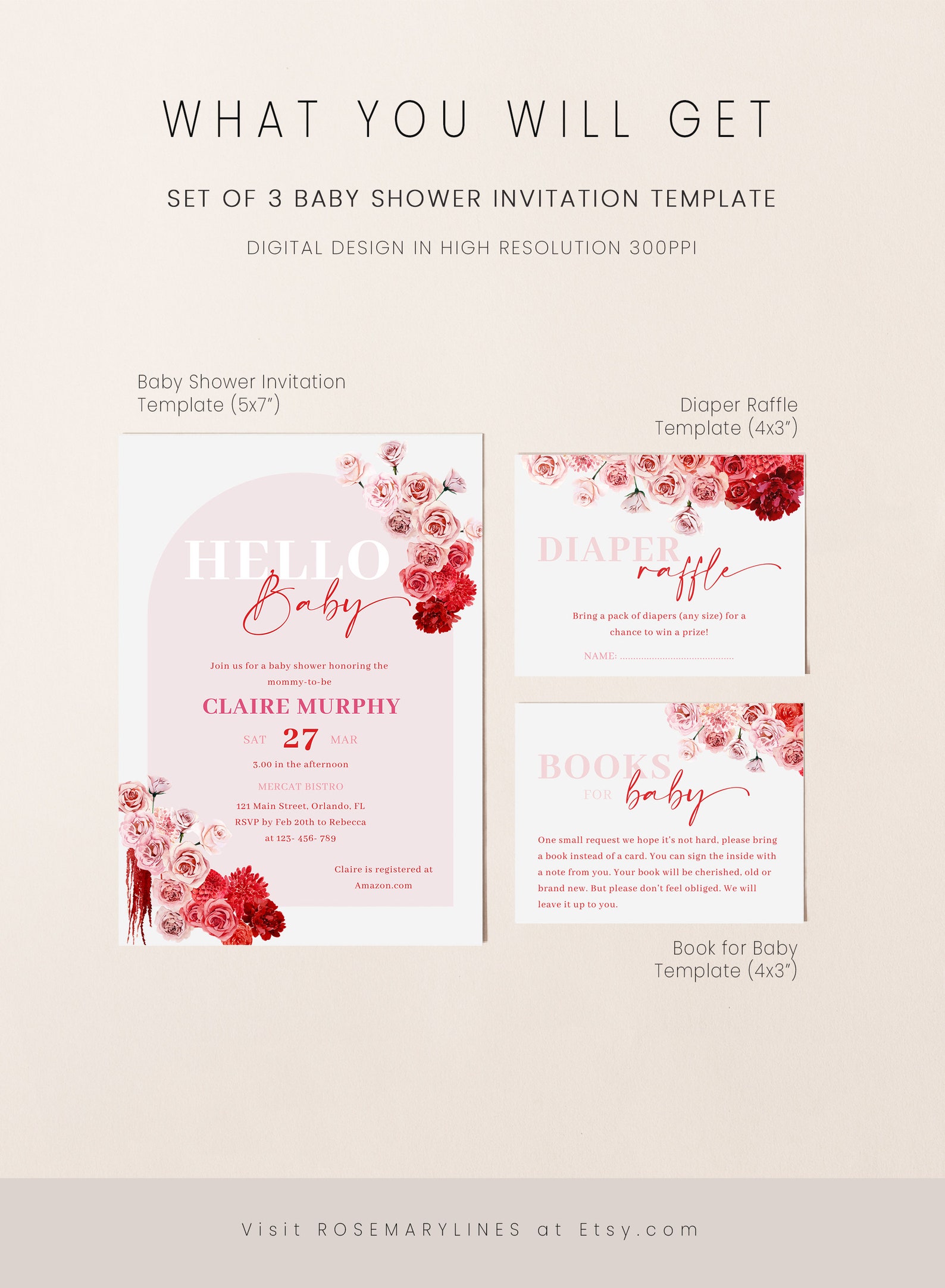 Red and Pink Floral Baby Shower Invitation Set Template Hot - Etsy