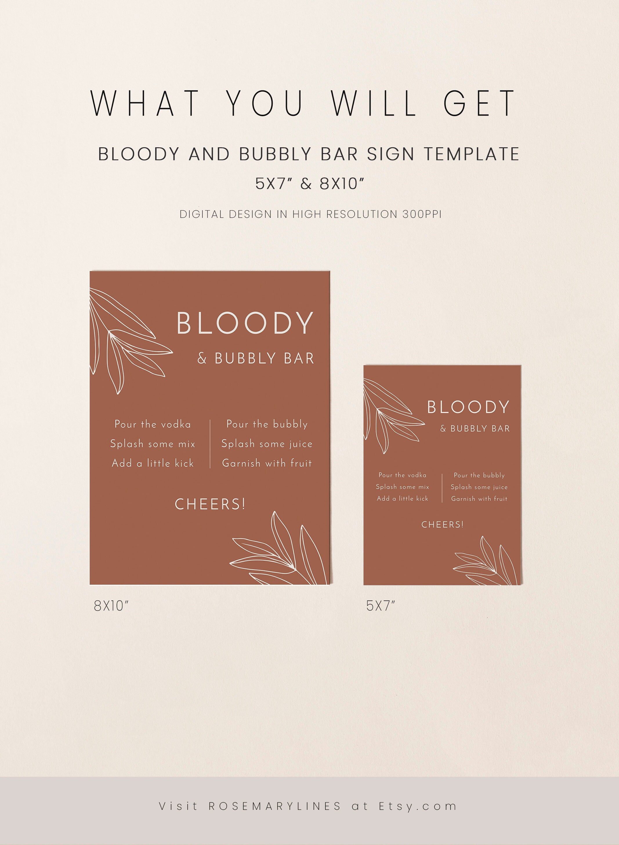 Terracotta Bloody and Bubbly Bar Sign Template Minimal Leaves | Etsy