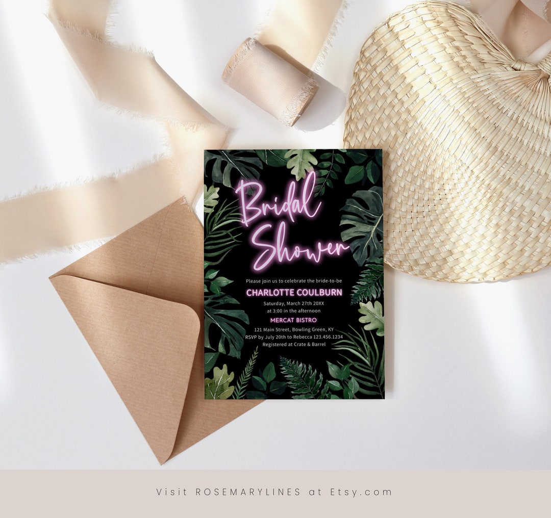 Neon Tropical Bridal Shower Invitation Template, Neon Light Greenery ...
