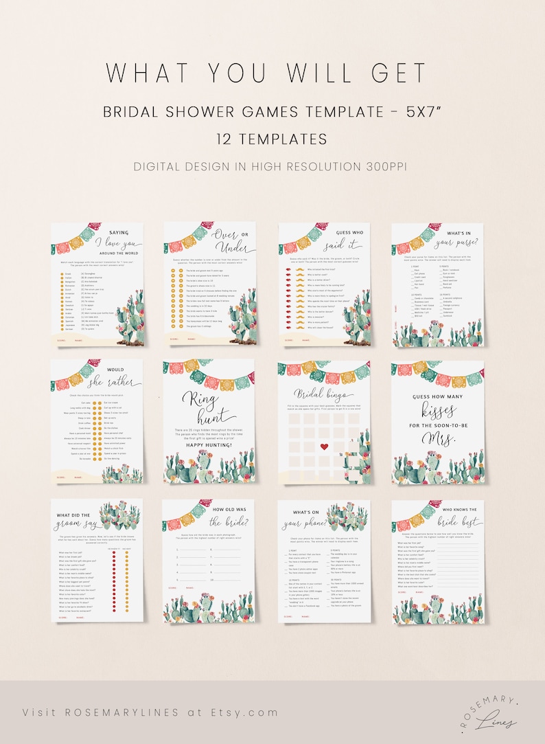 Fiesta Bridal Shower Games Bundle, Cactus Bridal Shower Games Template ...