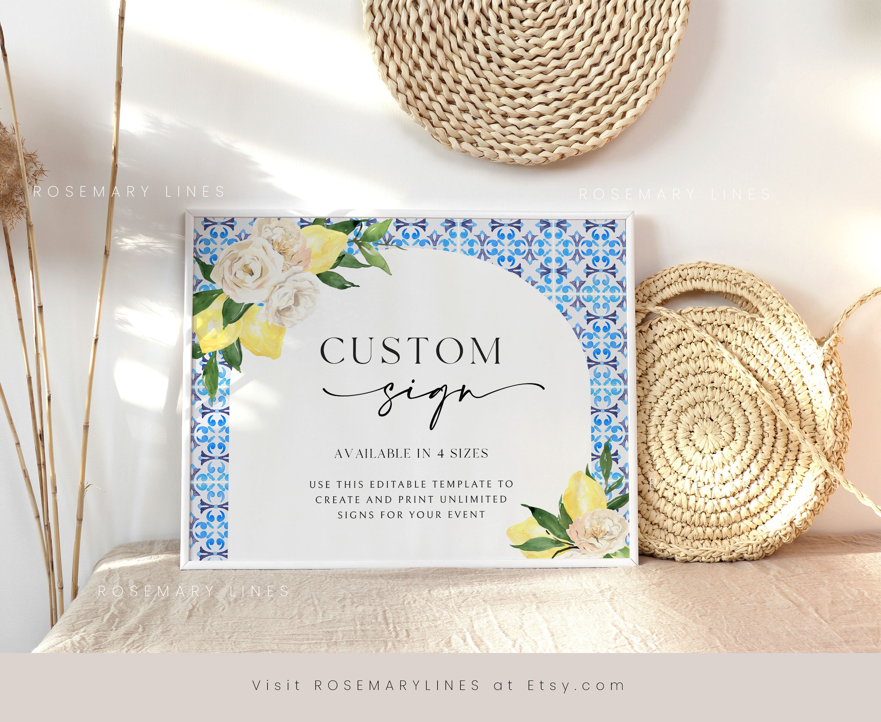 Italian Blue Tiles Lemon Custom Sign Template Citrus Floral - Etsy