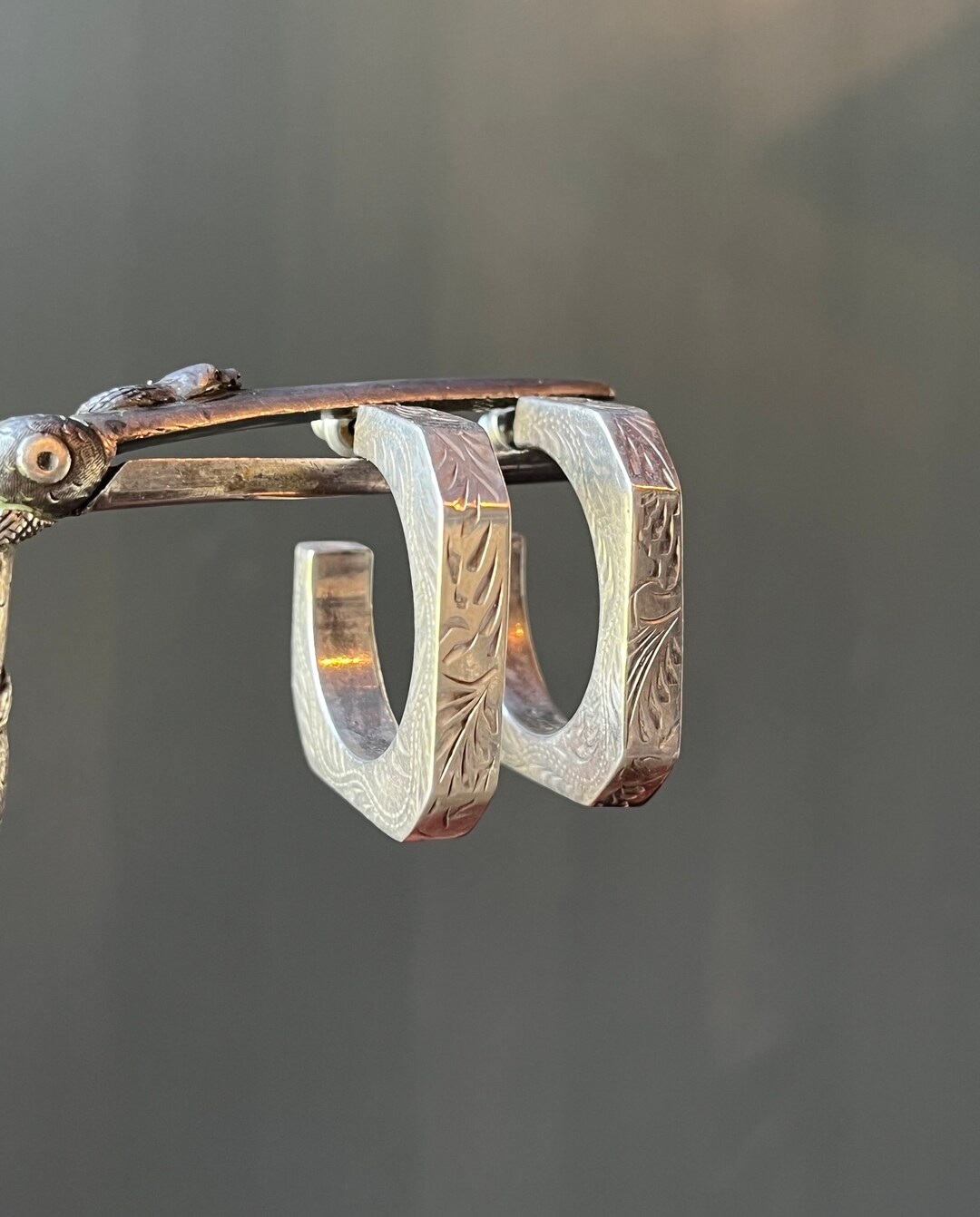 Vintage Sterling Silver Floral Etched Box Hoop Post Earrings - Etsy