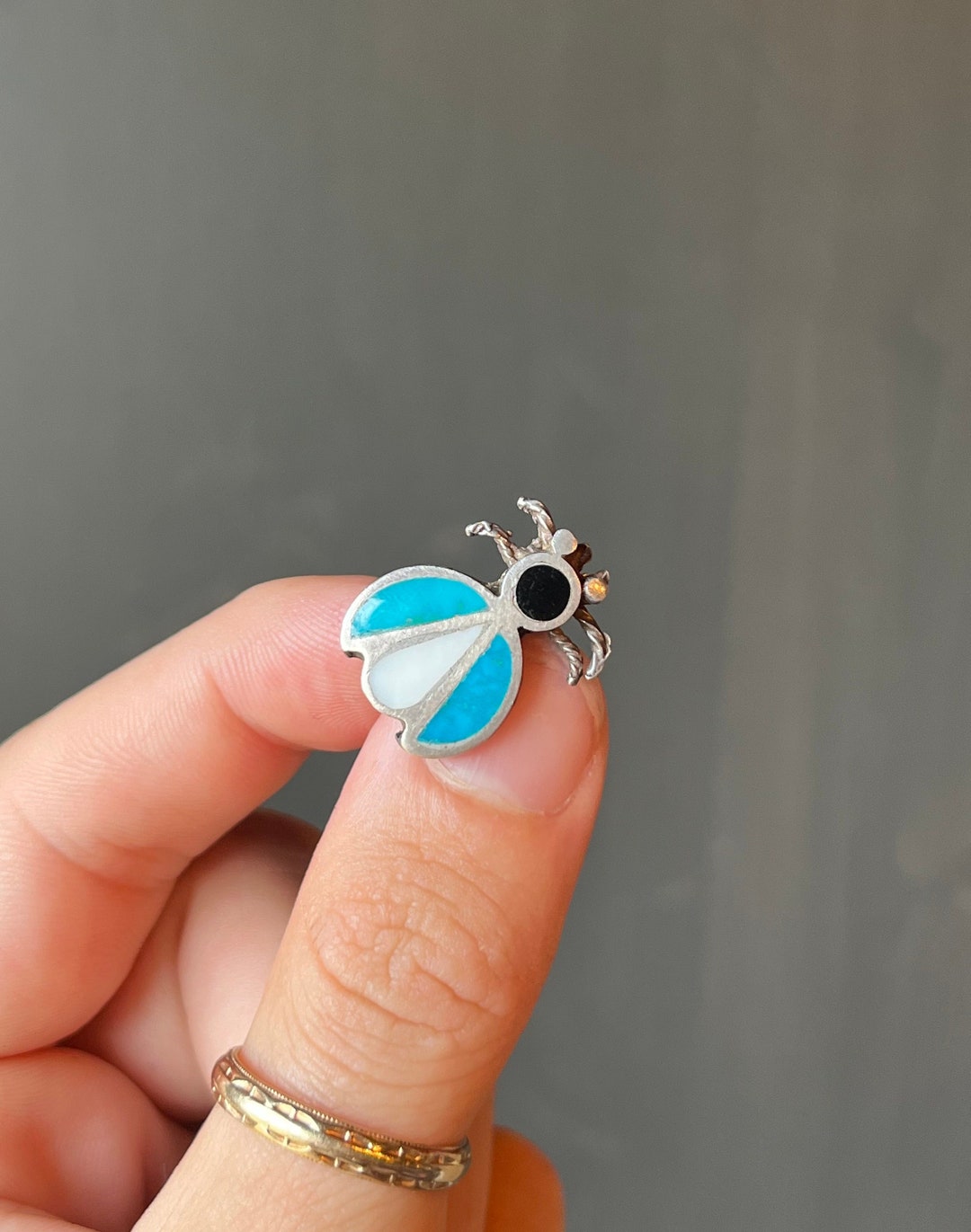 Vintage Native American Sterling Silver Turquoise MOP Black Onyx Inlay ...