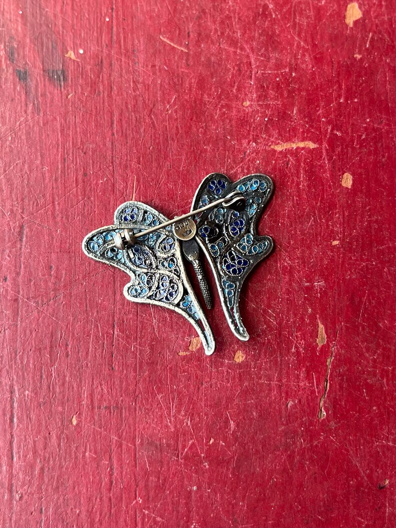 Vintage Blue Plique-à-jour Enamel 800 Silver Filigree Butterfly Pin ...