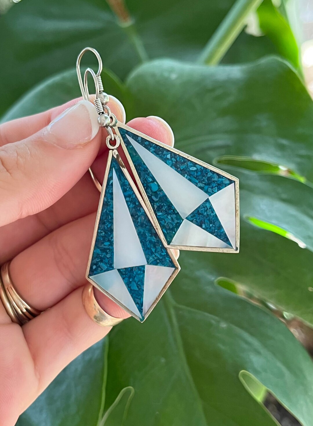Vintage Mexican Turquoise, MOP, Nickel Silver Geometric Earrings - Etsy
