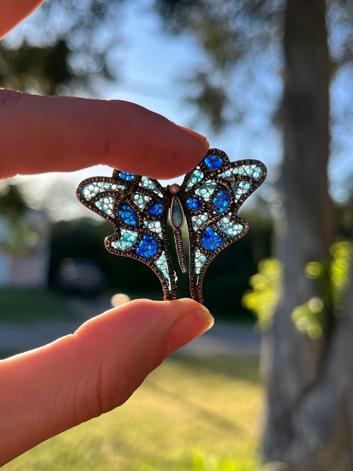 Vintage Blue Plique-à-jour Enamel 800 Silver Filigree Butterfly Pin ...