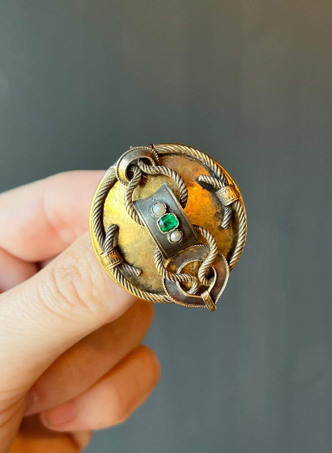 Antique Victorian 14K Yellow Gold Seed Pearl & Green Stone Pin Brooch ...