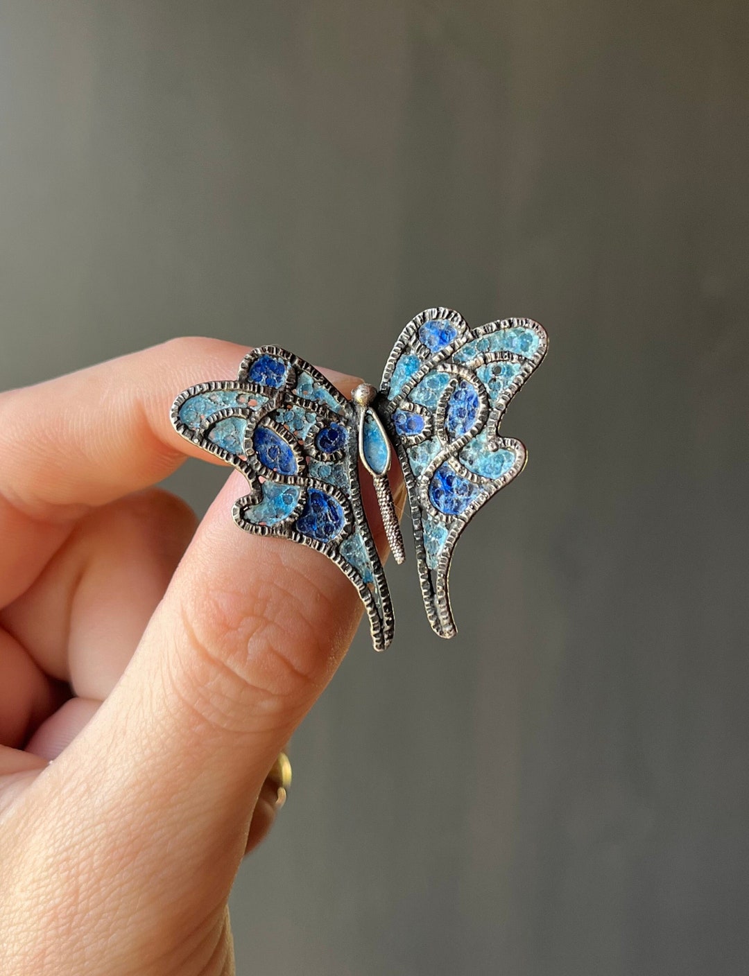 Vintage Blue Plique-à-jour Enamel 800 Silver Filigree Butterfly Pin ...