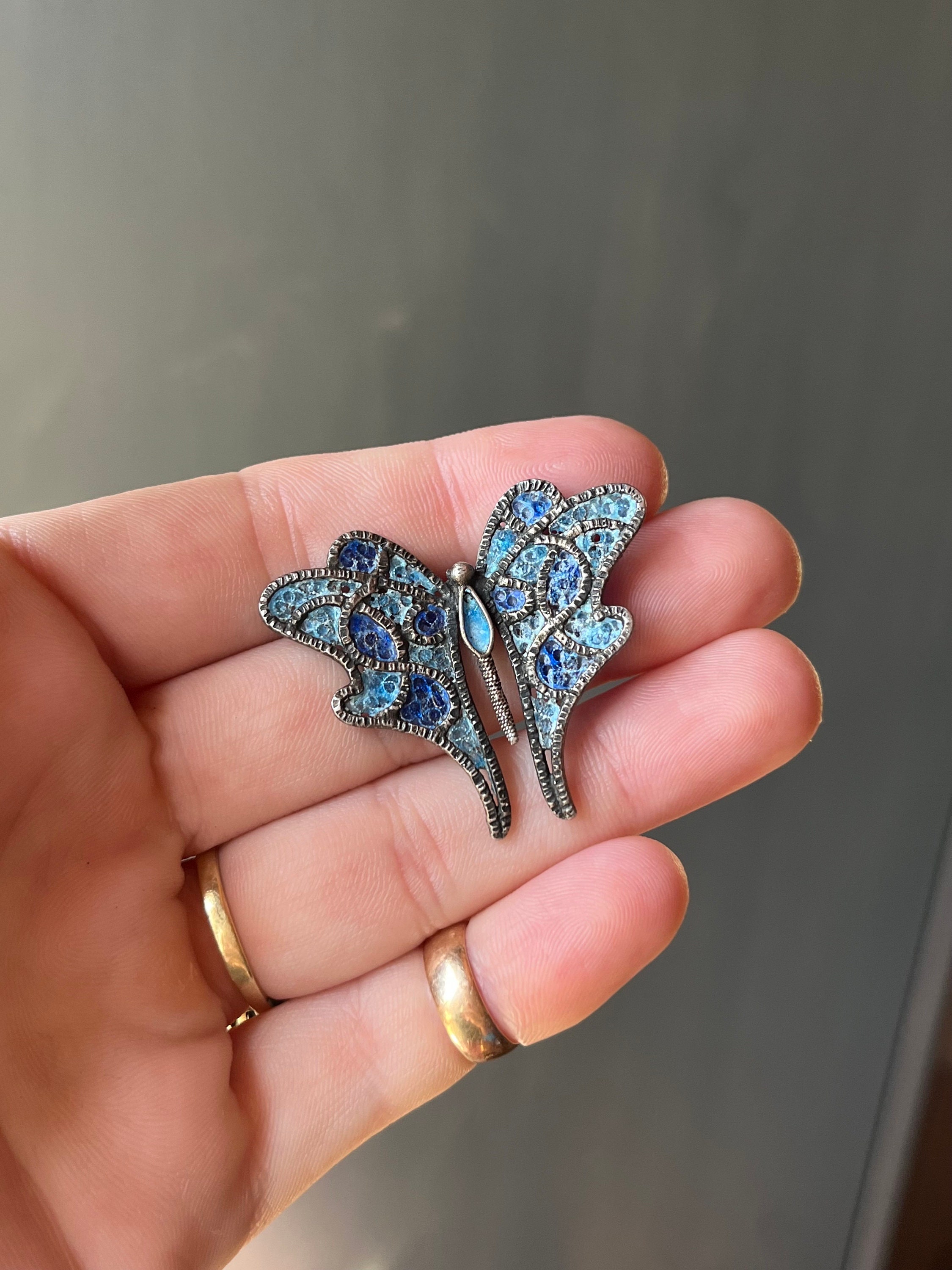 Vintage Blue Plique-à-jour Enamel 800 Silver Filigree Butterfly Pin ...