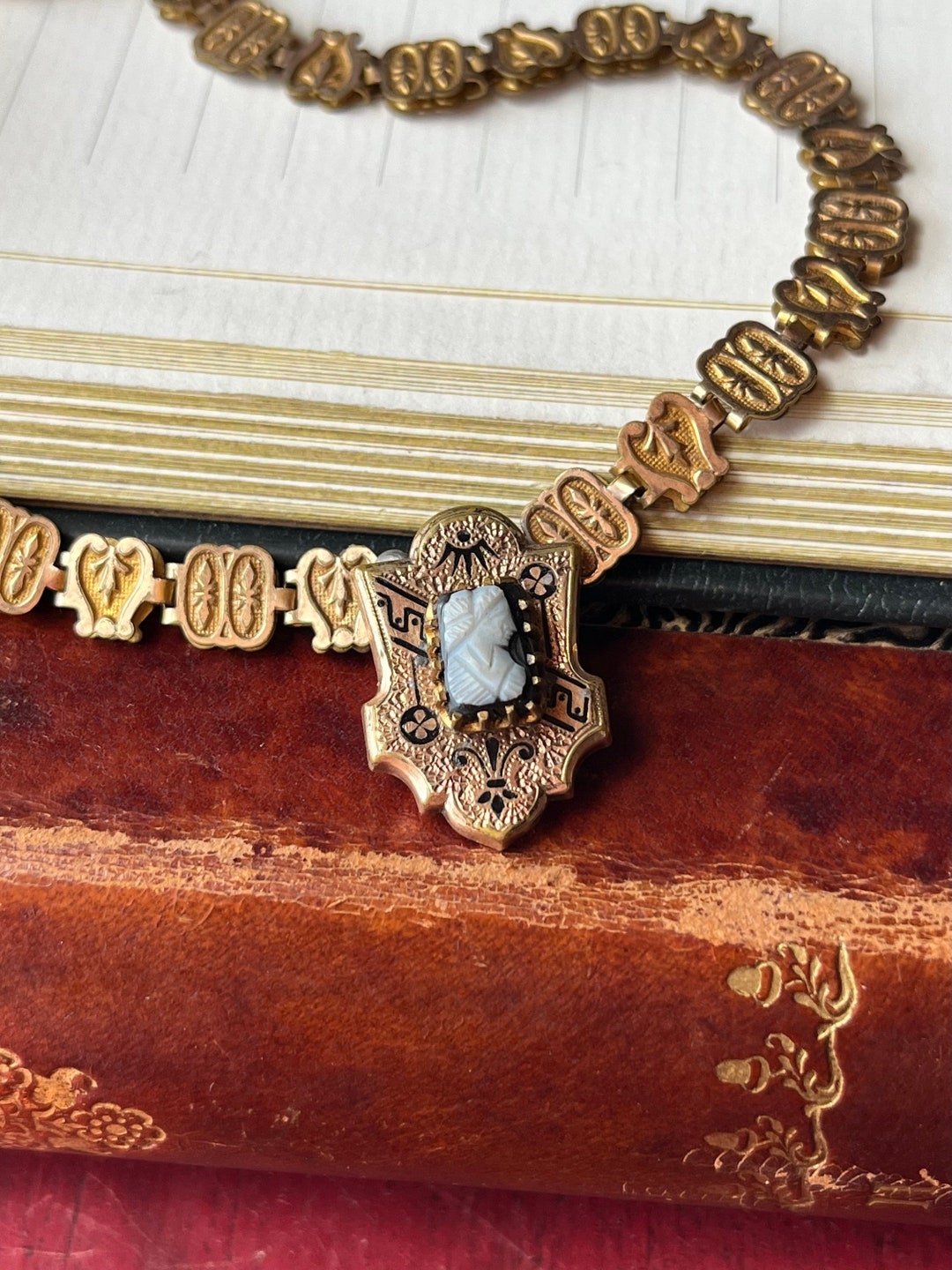 Antique Victorian Gold Filled Book Chain Enamel Black Cameo Bookchain ...