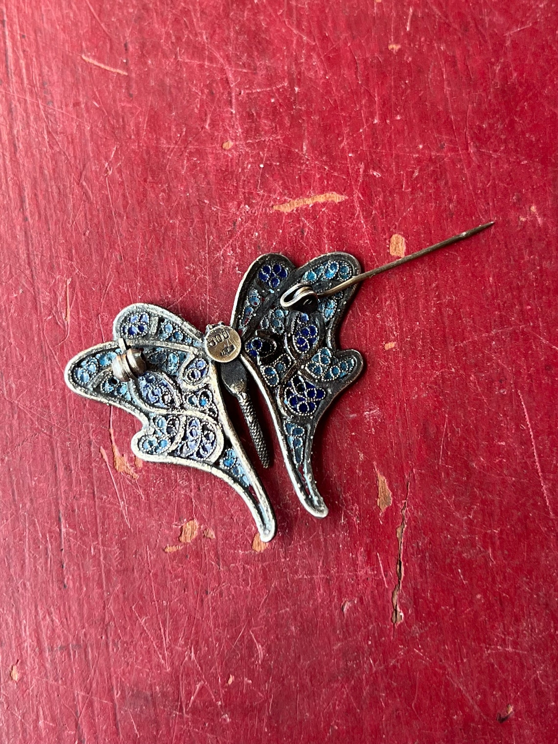 Vintage Blue Plique-à-jour Enamel 800 Silver Filigree Butterfly Pin ...