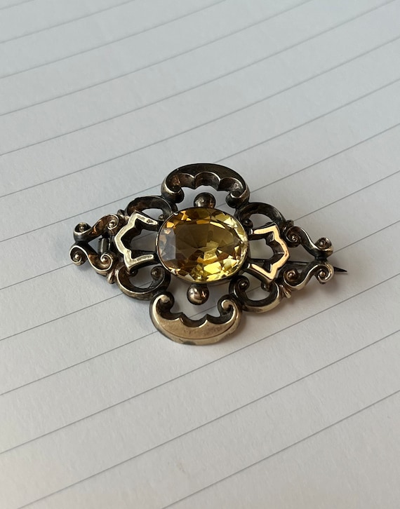 Antique Victorian Repoussé 12K Gold & Citrine Pin Bro… - Gem