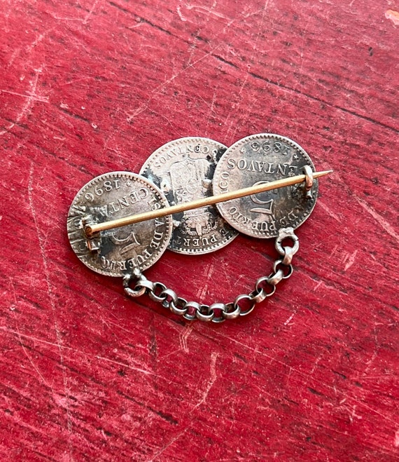 Antique 1896 Silver Spanish Coin Pin Brooch - Gem