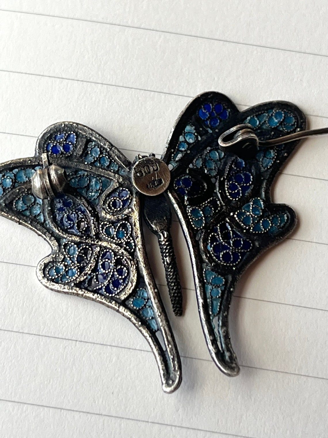 Vintage Blue Plique-à-jour Enamel 800 Silver Filigree Butterfly Pin ...