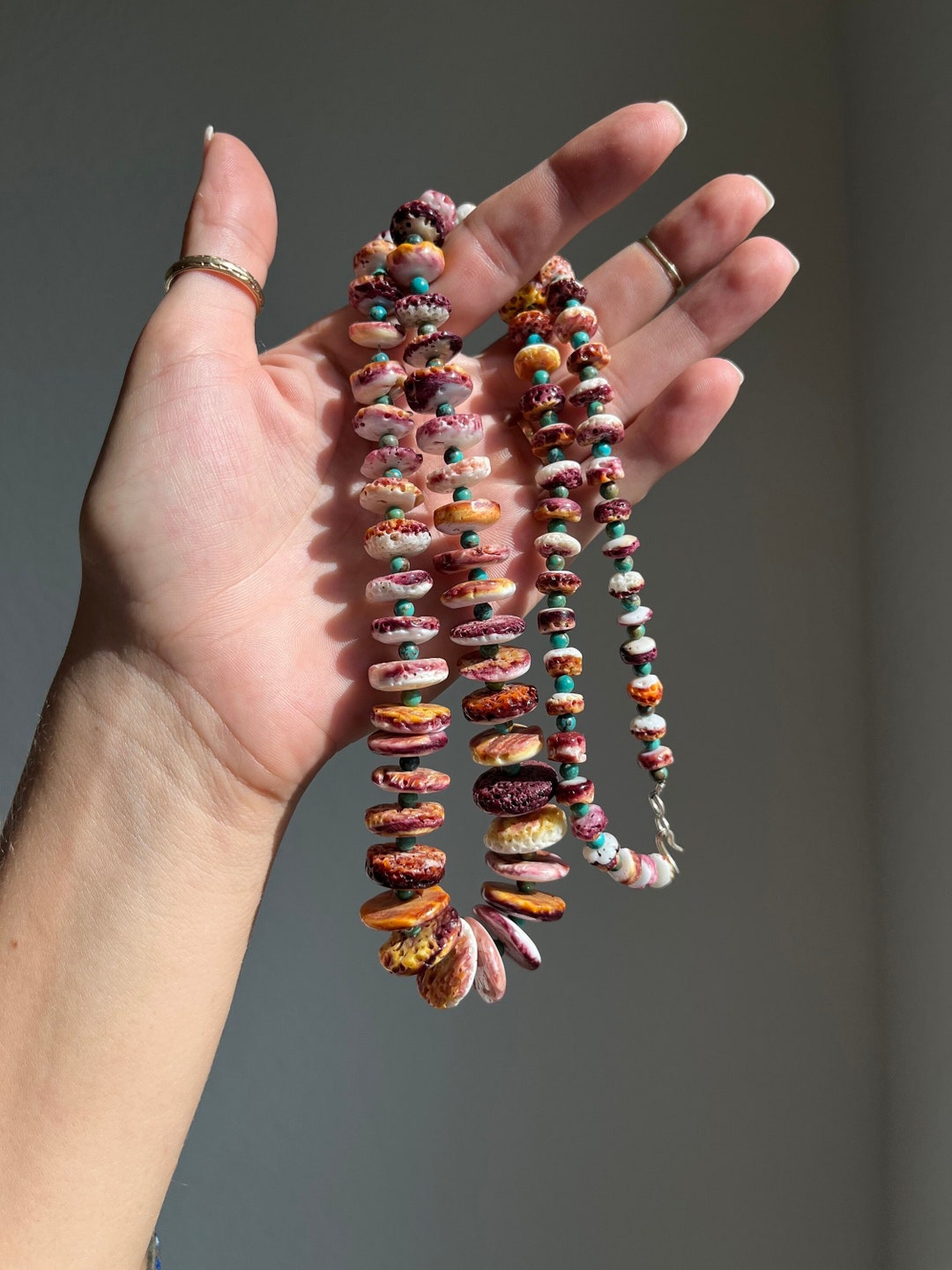 Purple Spiny Oyster & Turquoise Graduated Disk Bead Necklace - Etsy