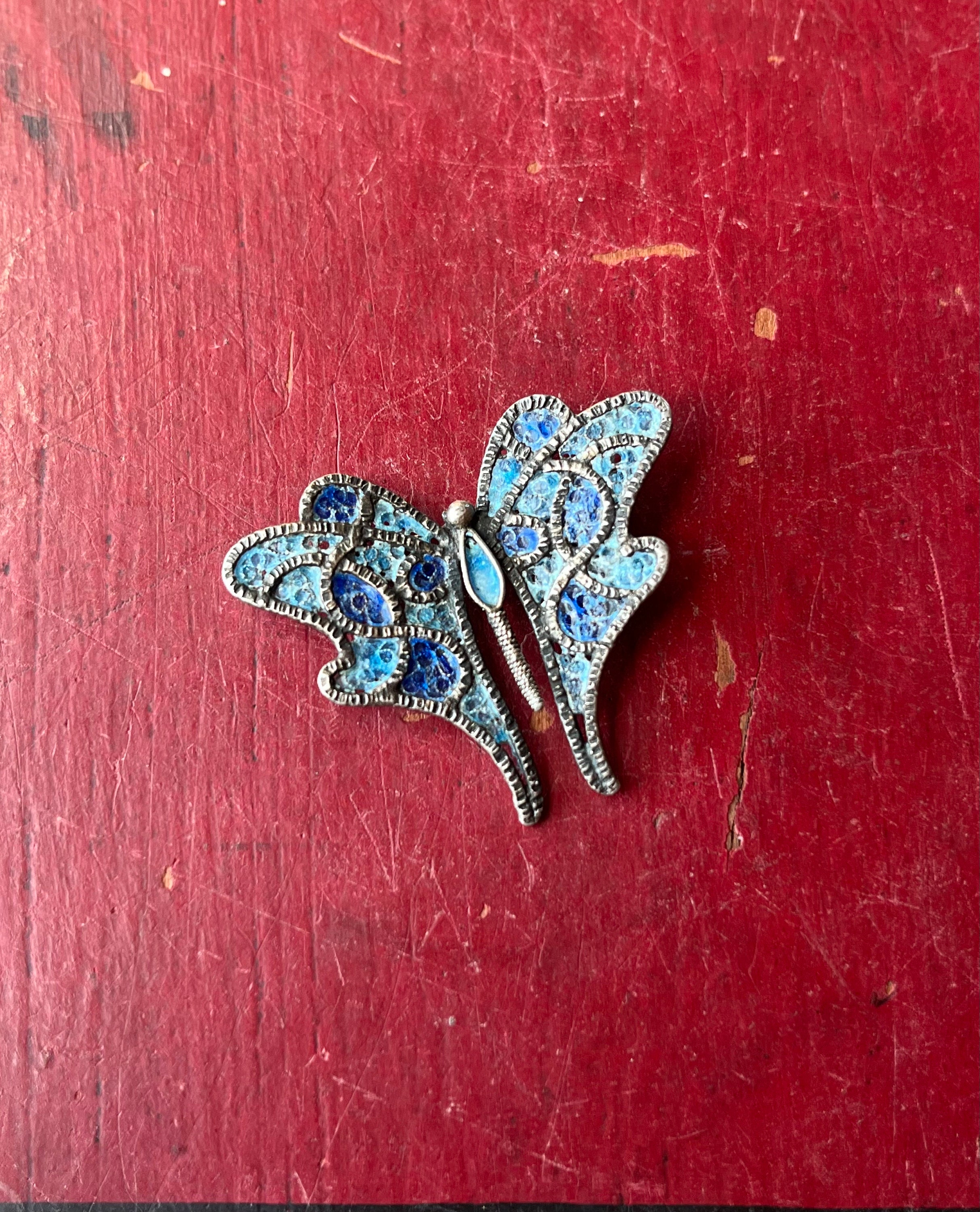 Vintage Blue Plique-à-jour Enamel 800 Silver Filigree Butterfly Pin ...