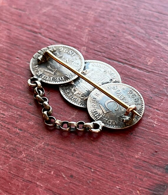 Antique 1896 Silver Spanish Coin Pin Brooch - Gem