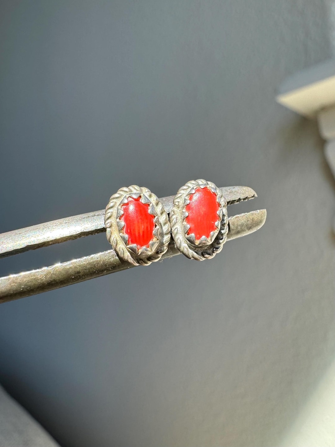 Vintage Native American Southwest Sterling Silver & Red Coral Stud Post ...