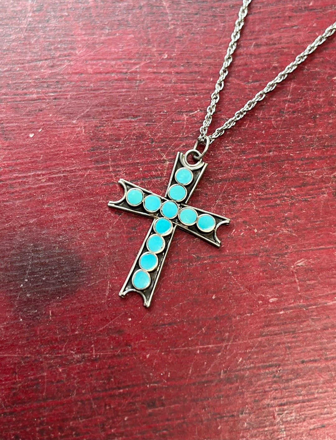 Vintage Native American Sterling Silver & Turquoise Inlay Cross Pendant ...