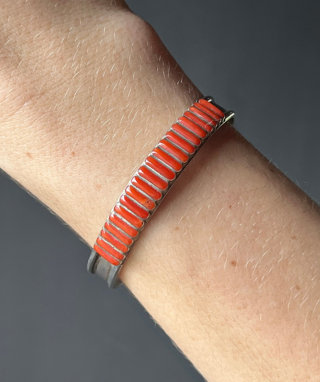 Vintage Native American Sterling Silver & Coral Cobblestone Inlay Cuff ...