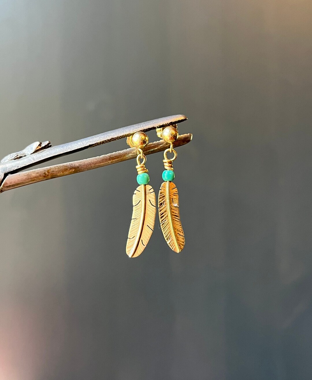Vintage Native American 14K Yellow Gold & Turquoise Feather Post ...
