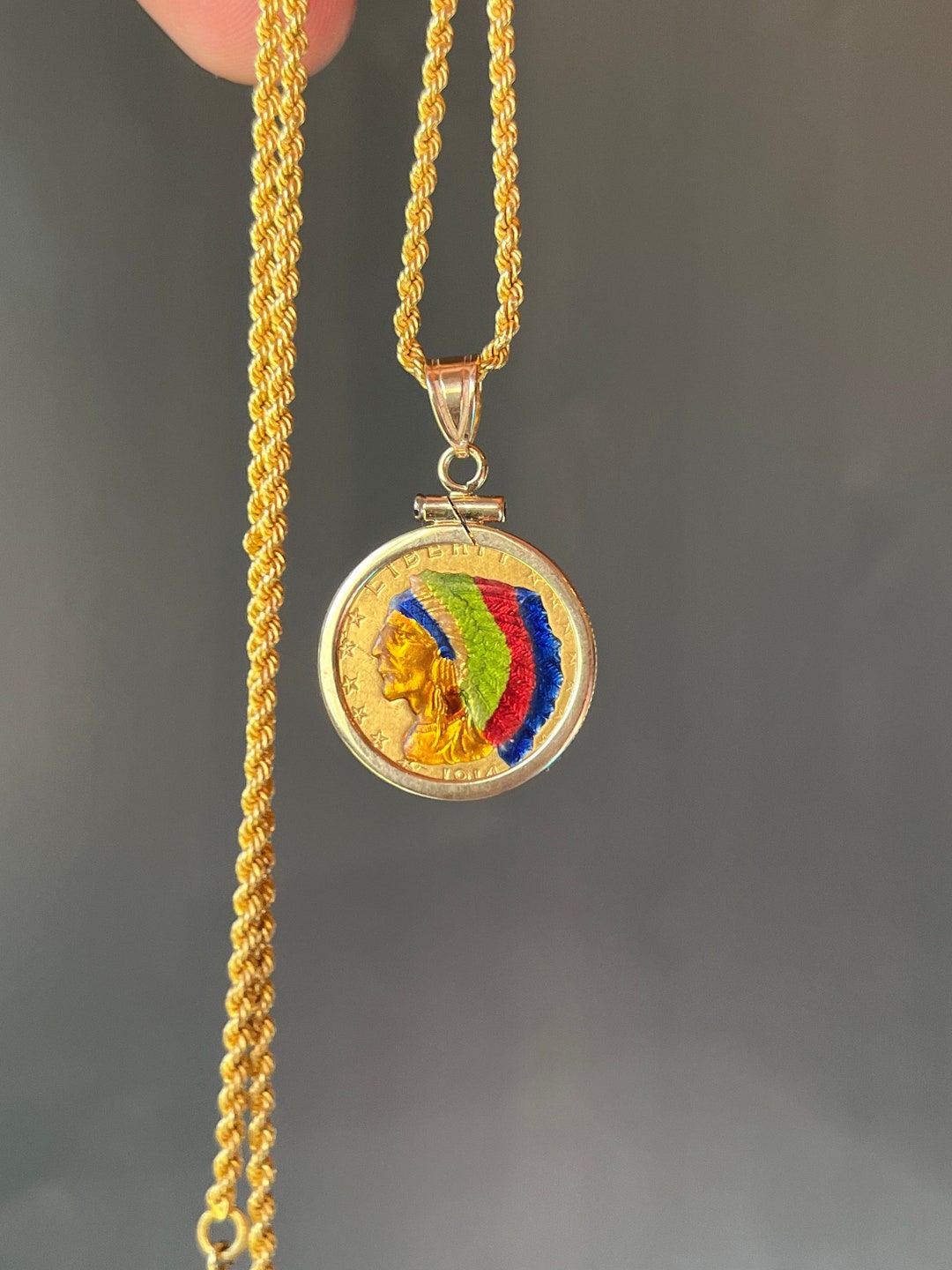Antique 1914 22K Yellow Gold & Enameled Indian Chief Gold Coin Pendant ...