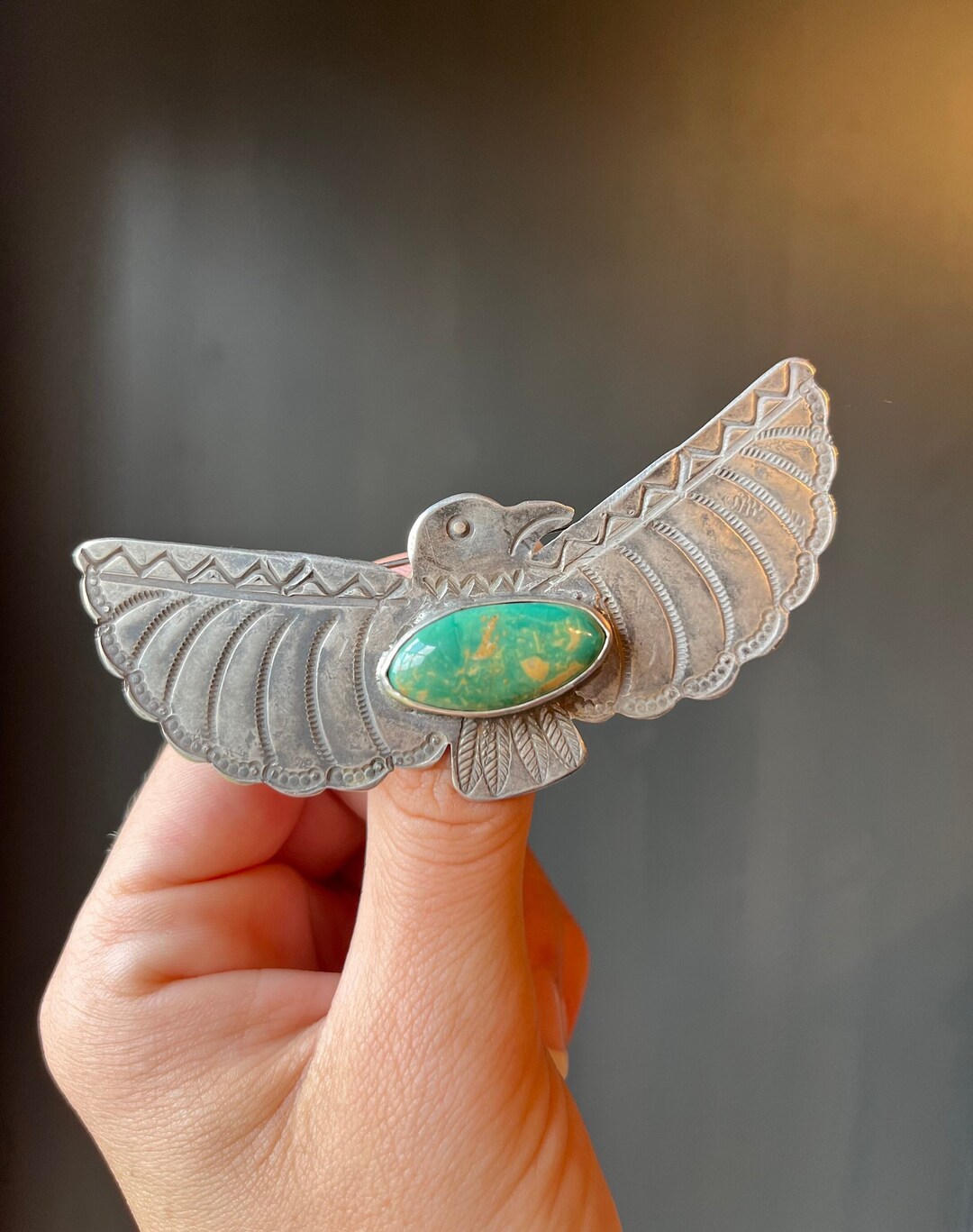 Sterling Silver & Green Turquoise Thunderbird Pin Brooch - Etsy