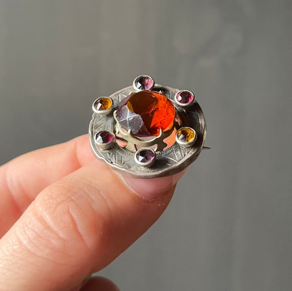 Antique Scottish Silver & Colored Glass Pin Brooch - Gem