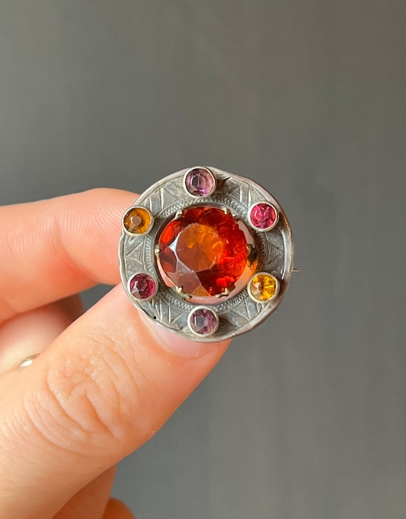 Antique Scottish Silver & Colored Glass Pin Brooch - Gem