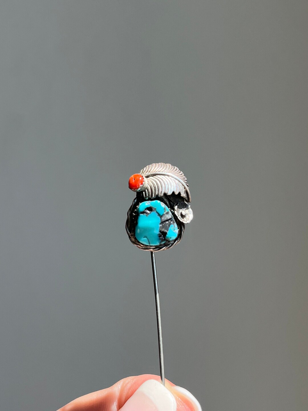 Vintage Native American Navajo Sterling Silver Turquoise Coral Lapel ...