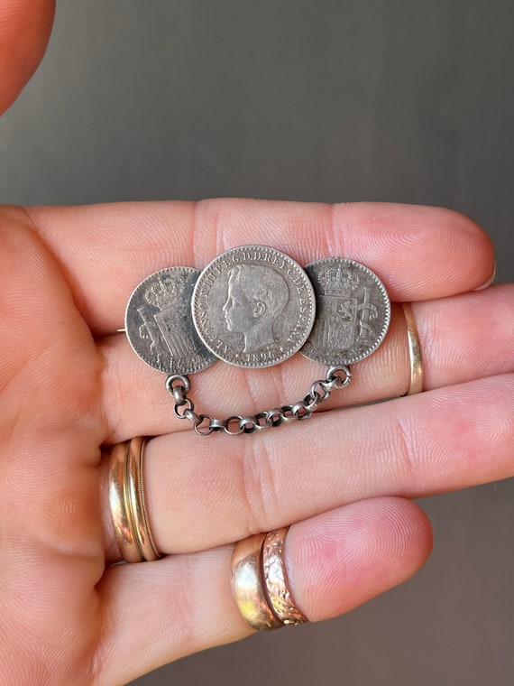 Antique 1896 Silver Spanish Coin Pin Brooch - Gem