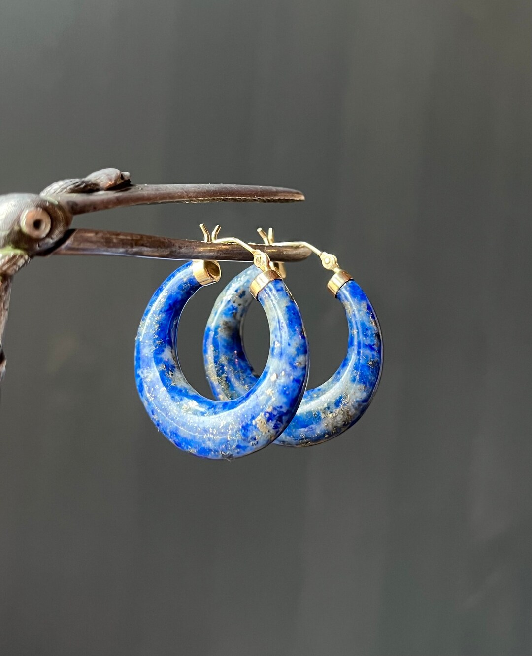 Vintage 14k Yellow Gold Capped Lapis Hoop Earrings - Etsy