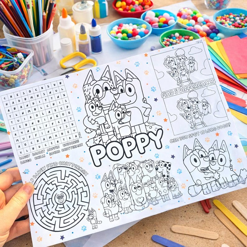 Personalised Bluey Activity Sheet – Printed Kids Colouring & Puzzle ...