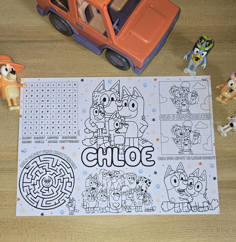 Personalised Bluey Activity Sheet – Printed Kids Colouring & Puzzle ...