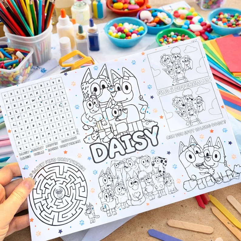 Personalised Bluey Activity Sheet – Printed Kids Colouring & Puzzle ...