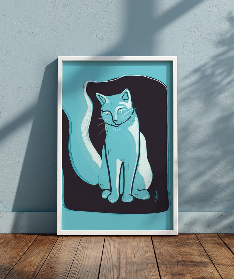 Illustration of a Sitting Blue Cat, Like a Dream Poster Fine Art - Etsy