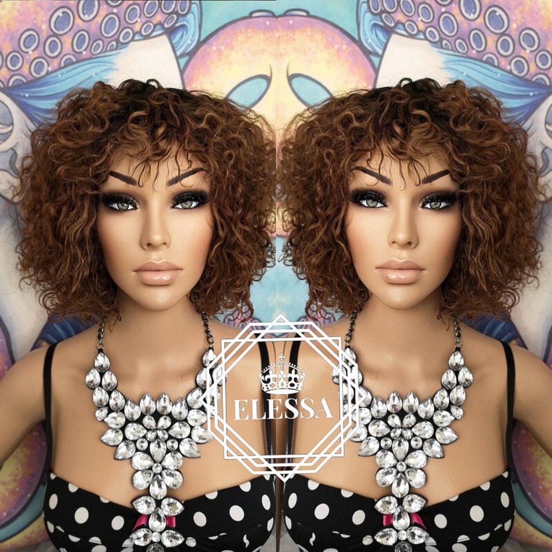 Medium Curly / Kinky Ombre Black Root and Light Chestnut Wig With Bangs ...