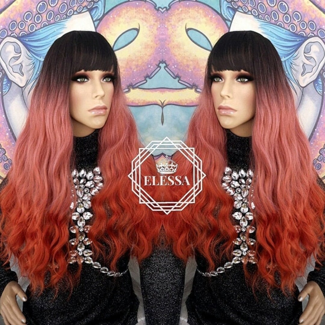 Long Wavy Beach Hairstyle Ombre Black and Red Mixed Color Wig With ...