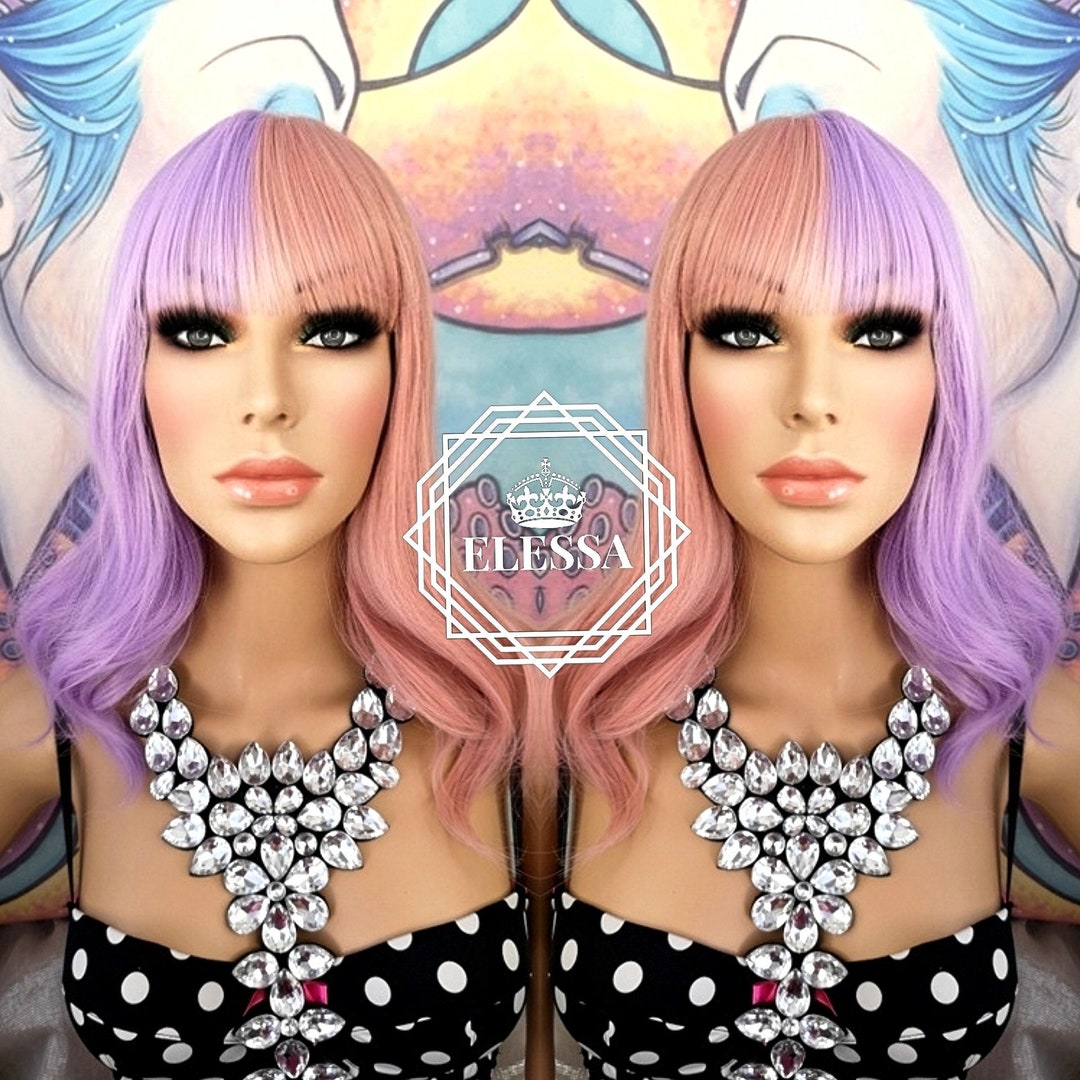 Cute Medium Split Dye Color Wig Bonbon Light Pink and Pastel Lavender ...