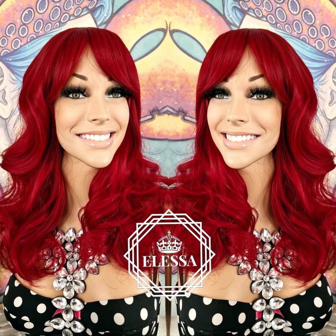 Medium Curly Intensive Red Color Wig With Bangs, Wigs, Gothic Wig ...
