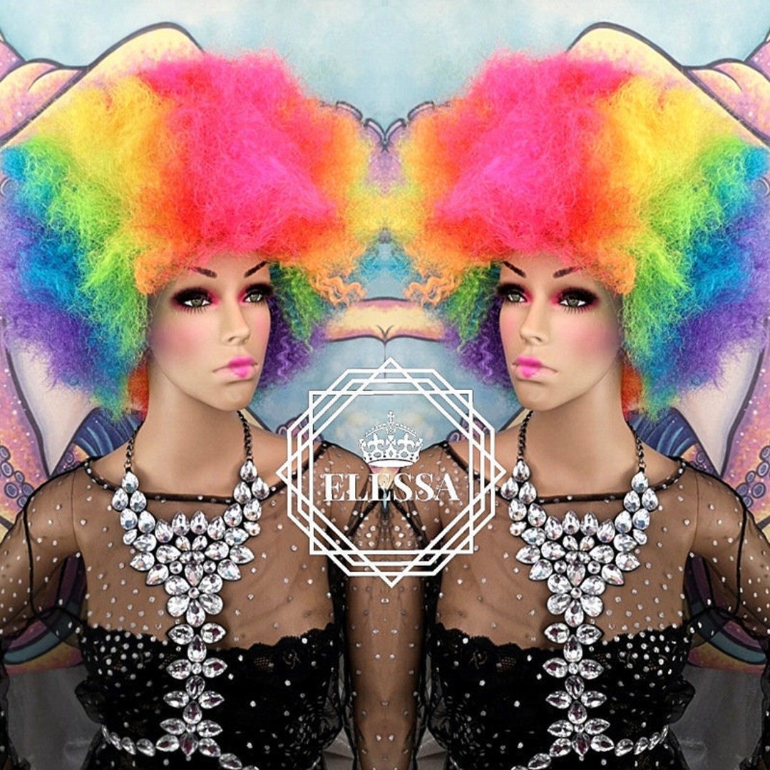 Funny Party Fluffy Big Hair Volume Rainbow Clown Wig, Wigs, Theatre ...