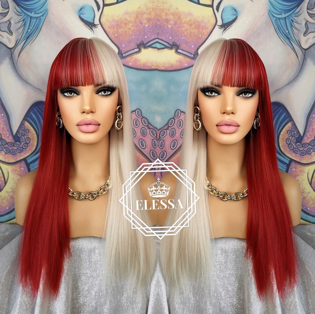 Fantastic Long Straight Two Tone Model Wig Bright Red / Light Blonde ...
