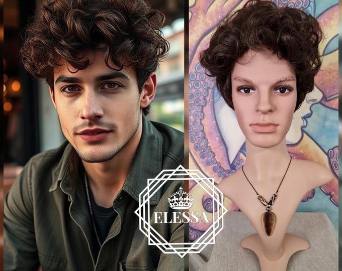 Short Natural Brown Curly Men's Wig – Tousled Volume Style | Synthetic ...