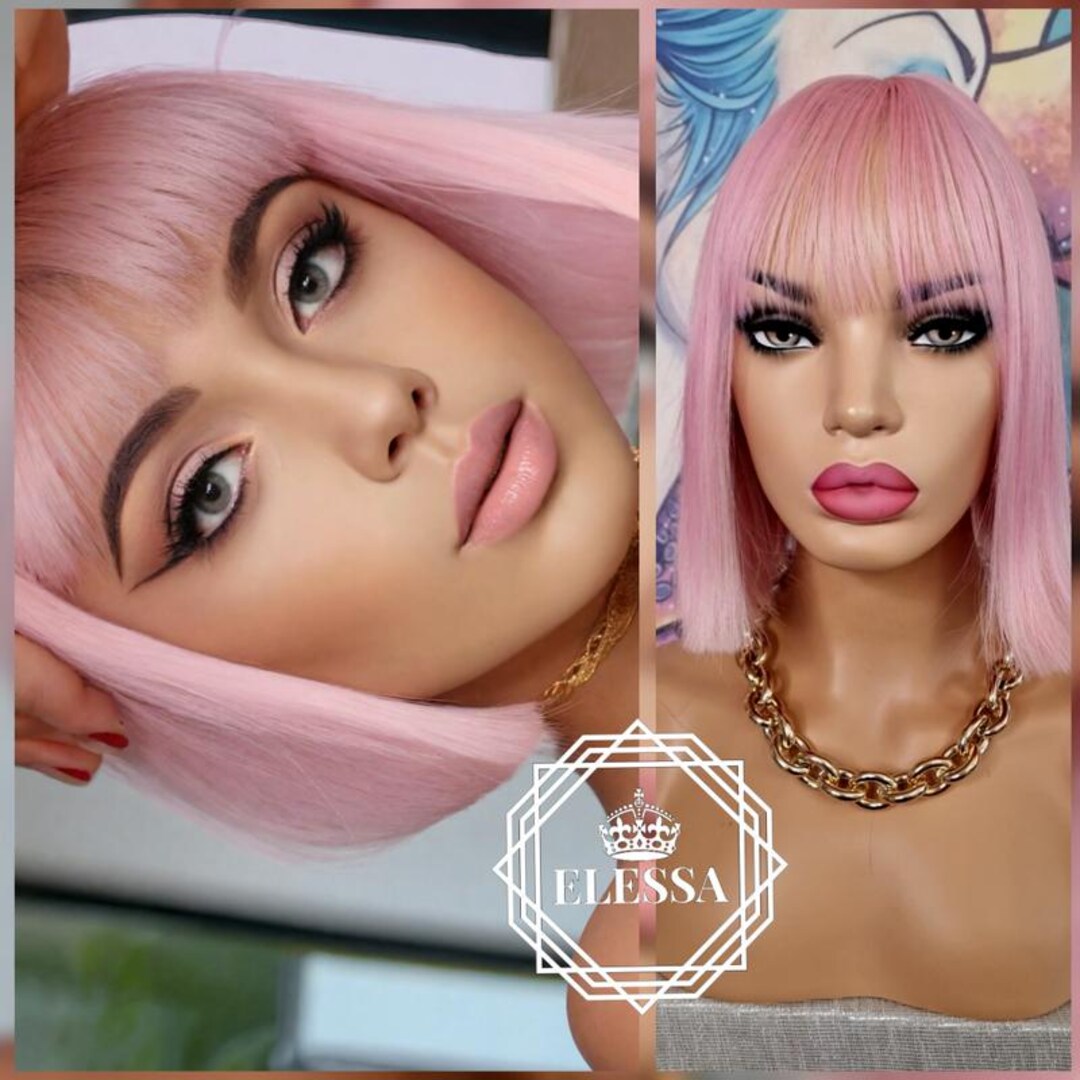 Cute Medium Straight Bob Hairstyle Sweet Light Ice Cream Pink Mixed ...