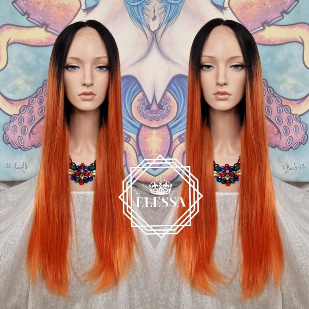 Lace Front LUXURY Long Straight Ombre Black Root and Bright Orange ...