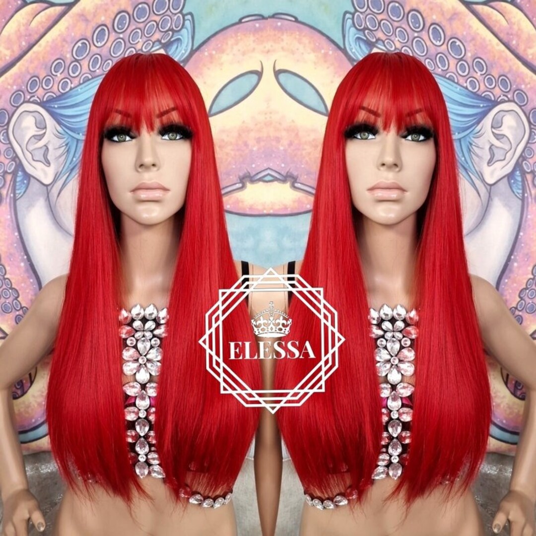 Fantastic Long Straight Bright Red Color Wig With Bangs, Wigs, Lolita ...