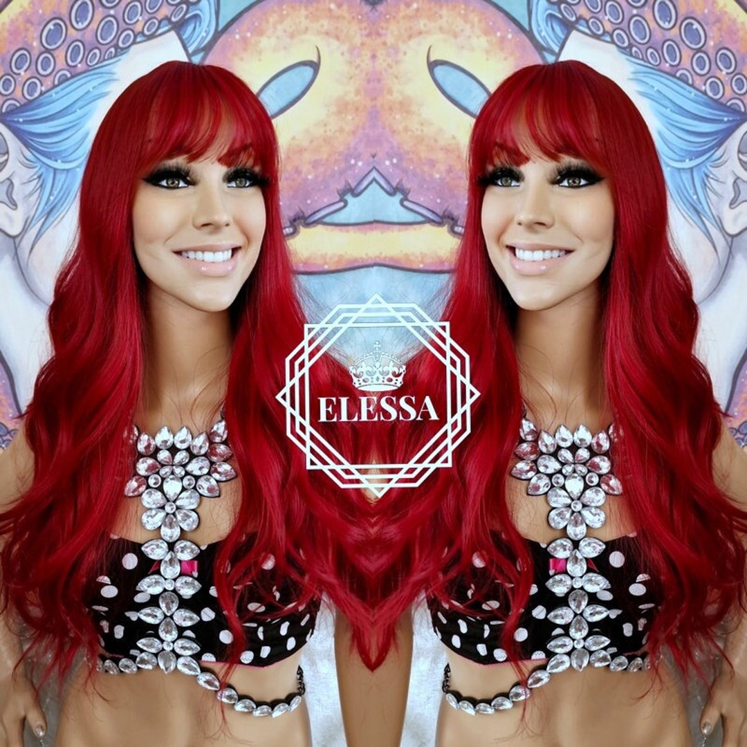 Sexy Long Curly Hairstyle Intensive Red Color Wig With Bangs, Wigs, Red ...